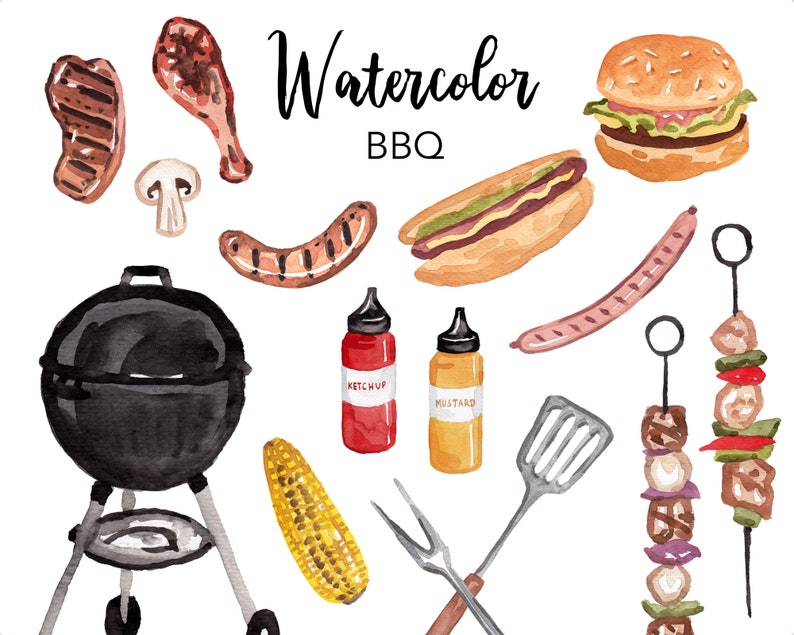 WATERCOLOR CLIPART, Bbq Clipart, Food, Grill Summer Kitchen, Camping Watercolour Clipart Set ...