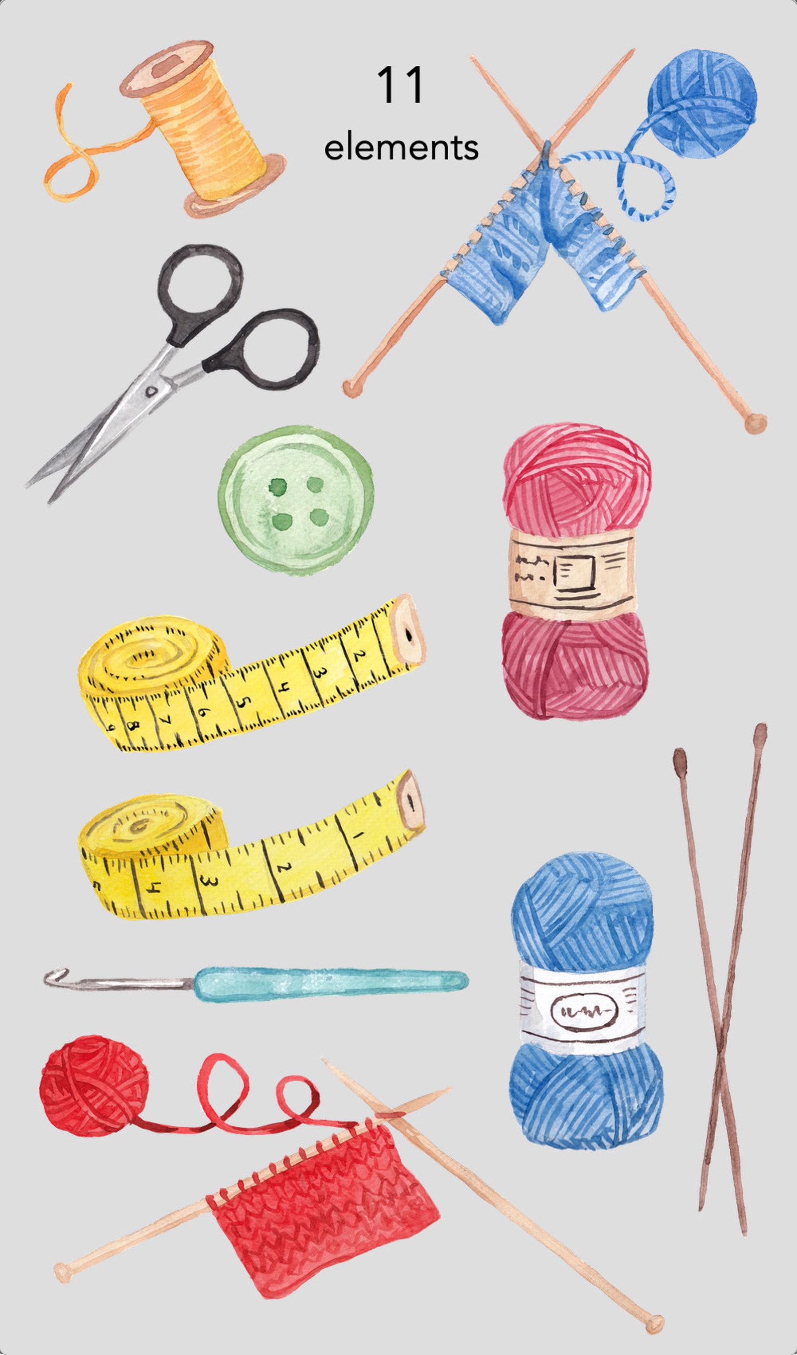 WATERCOLOR CLIPART Knitting Supplies Clipart Set Commercial - Etsy