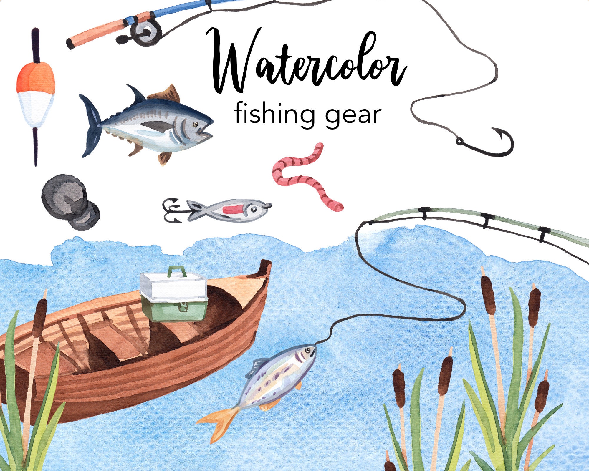 WATERCOLOR CLIPART Fishing Gear Fish Boat Summer Clip Art | Etsy