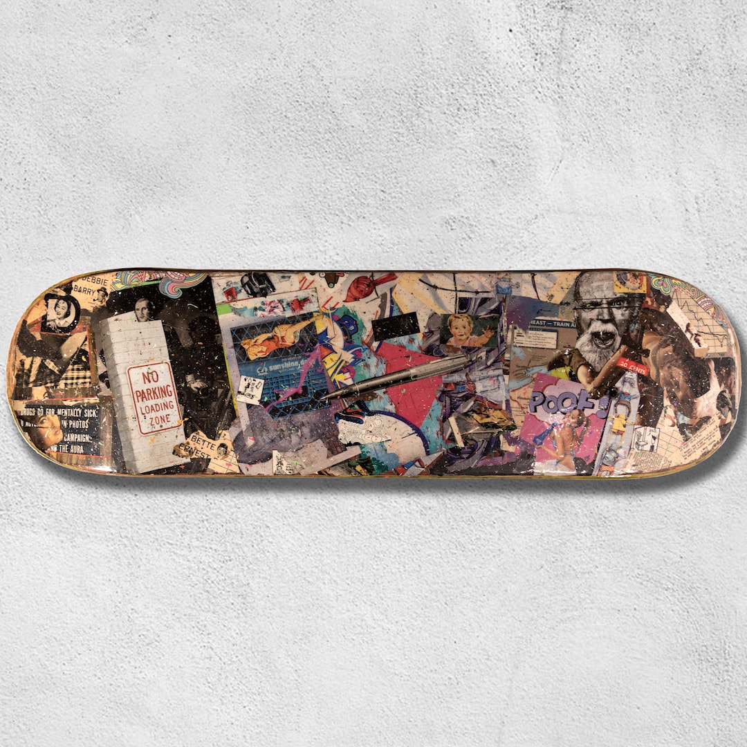 Vintage & Modern Collage Skateboard Art - 35” Epoxy Resin Sealed With ...