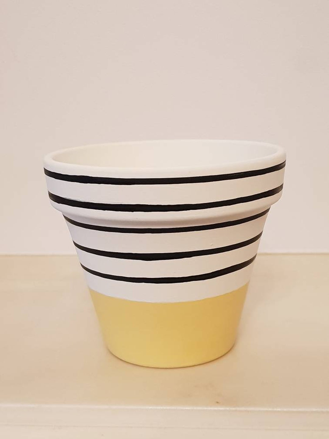 Hand Painted Flower Pot Yellow With Stripes Planter Stripped Planter ...