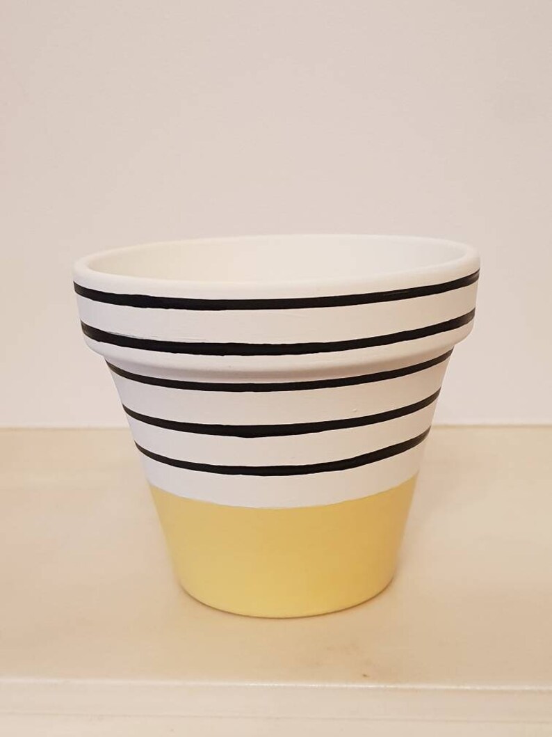 Hand Painted Flower Pot Yellow With Stripes Planter Stripped Planter ...