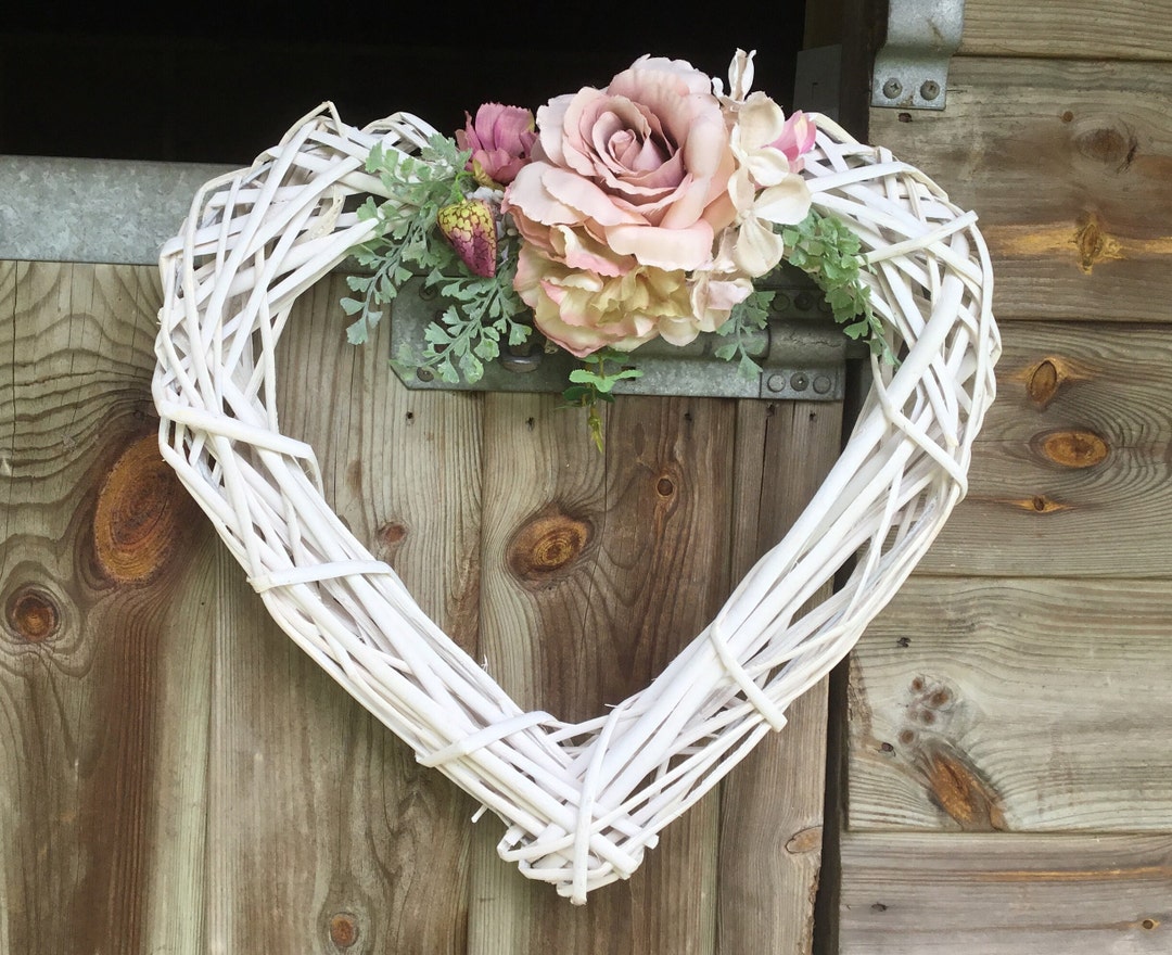 Large White Wicker Heart Wreath With Artificial Flowers, Faux Peony ...