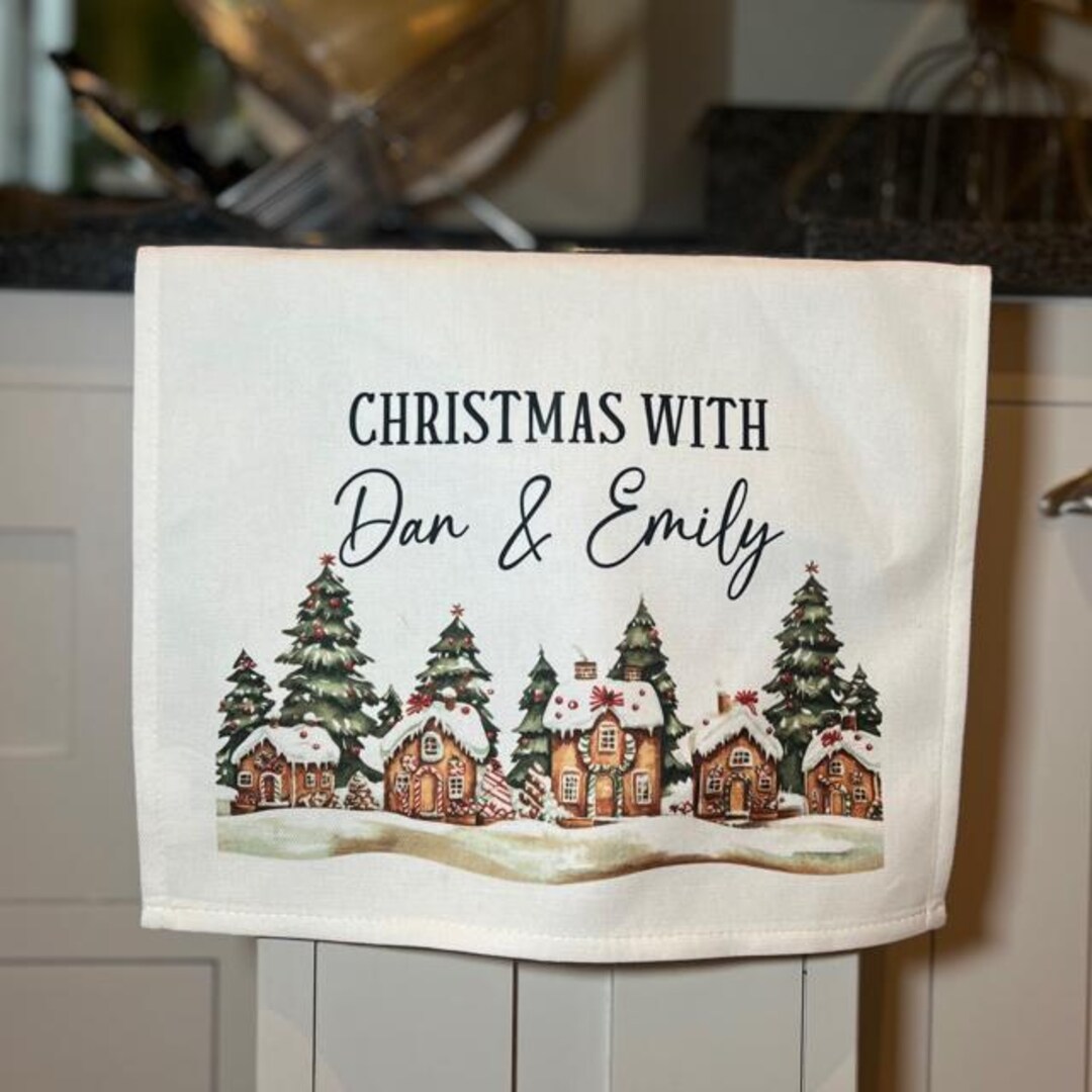 Gingerbread House Christmas Scene Custom Tea Towel, Personalised ...