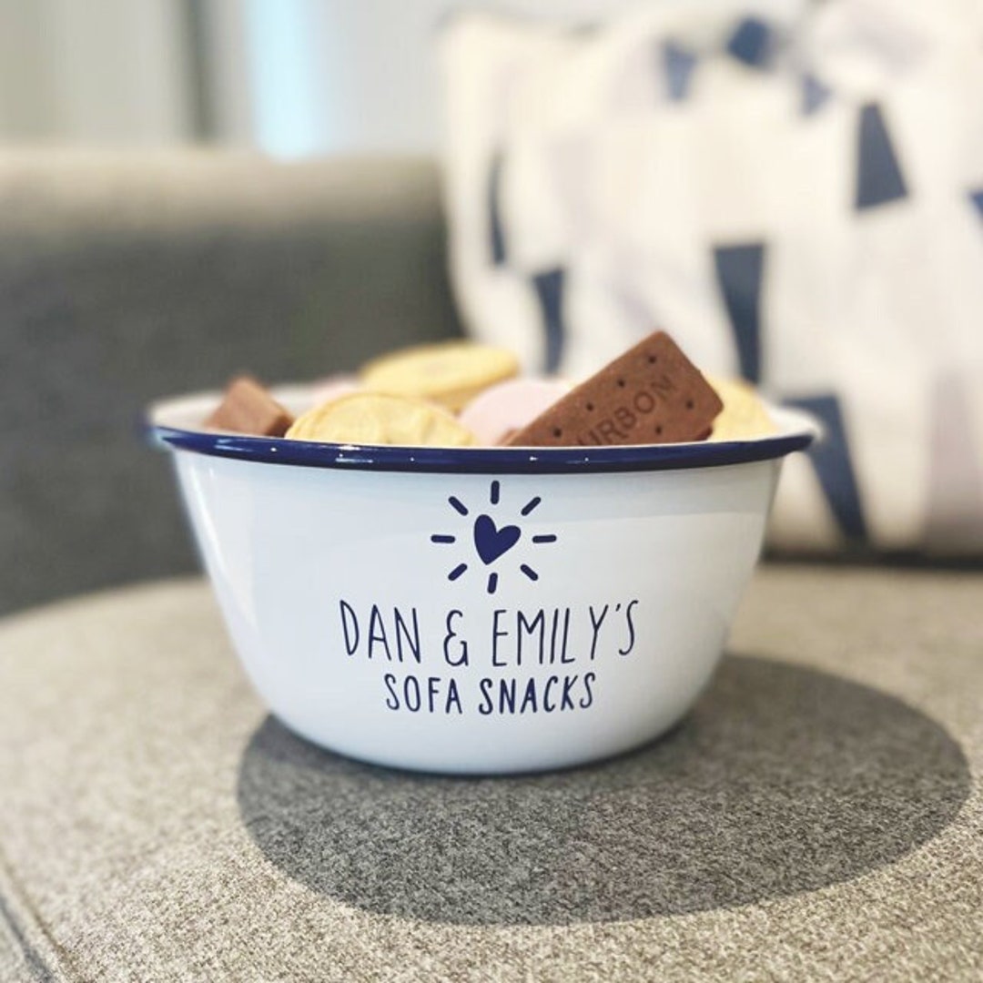 Sofa Snacks Personalised Enamel Bowl, Snack Bowl, Personalised Snack ...