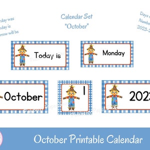 October Classroom Calendar Header and Numbers Blue Plaid Scarecrow ...