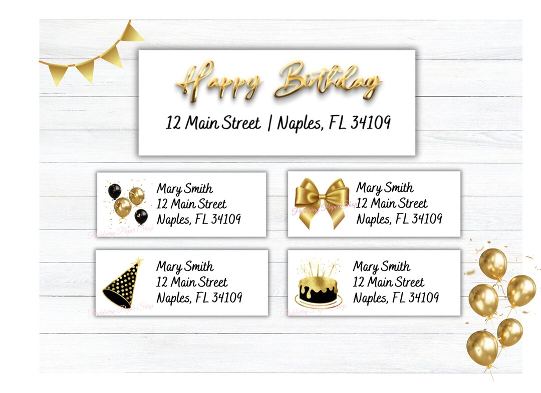 Gold Birthday Return Address Label Bundle | Black and Gold Party Hat ...