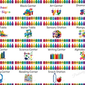 Rainbow Crayon Preschool Center Signs | Set of 15 Printable Classroom ...