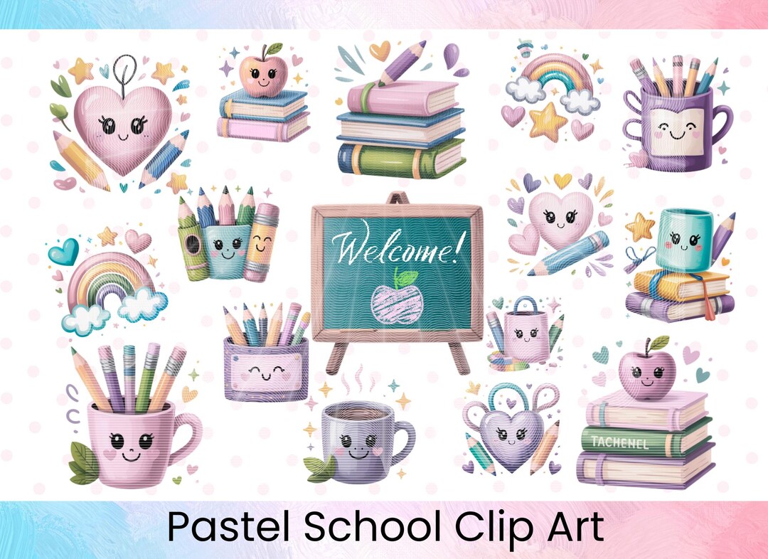 Pastel School Clip Art Bundle: Kawaii Teacher PNG Graphics (digital ...