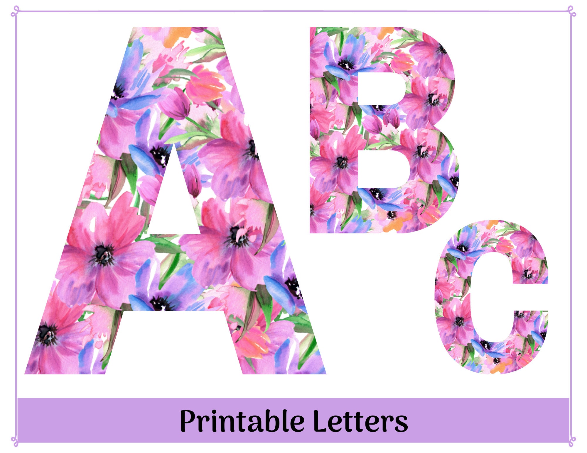 Floral Alphabet Letters & Numbers: Purple Pink Clip Art (digital ...