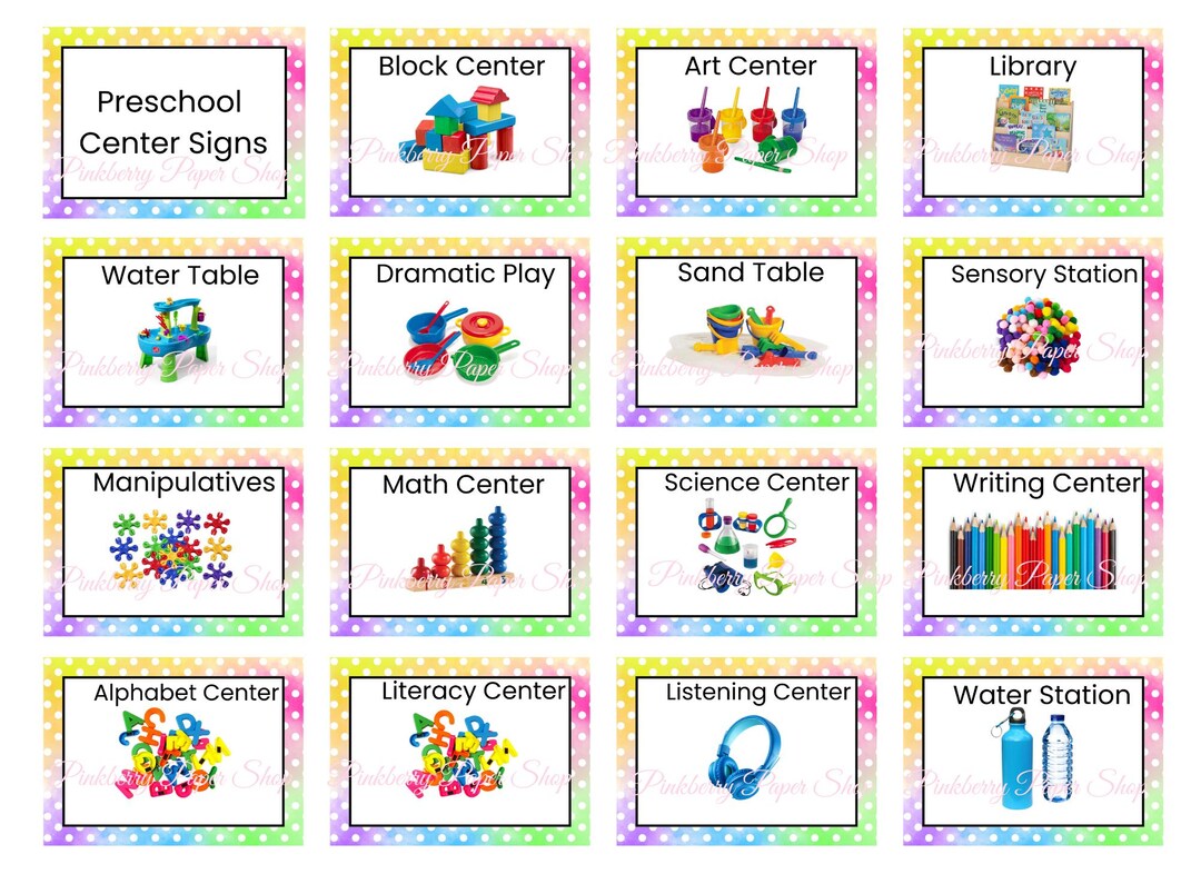 Rainbow Preschool Classroom Center Signs, Polk Dot Labels, Kindergarten ...