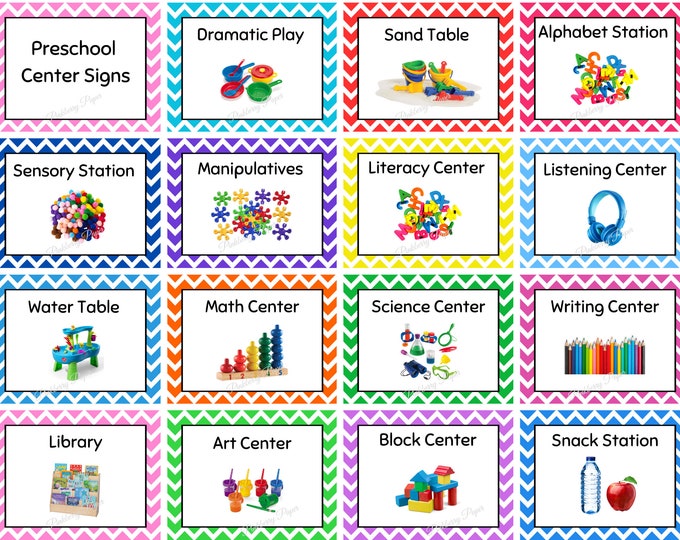Rainbow Chevron Preschool Center Signs Set of 15 Printable Classroom ...