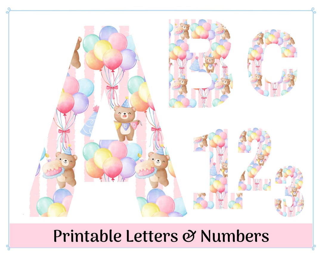 Teddy Bear Birthday Letters & Numbers: Banner, Scrapbook (PNG Digital ...