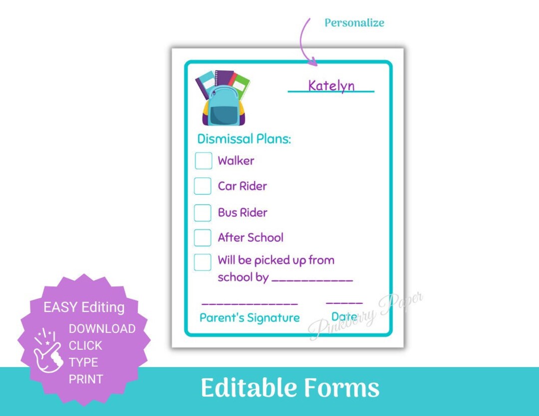 School Dismissal Plans Note Parent Teacher Communication Form Editable ...