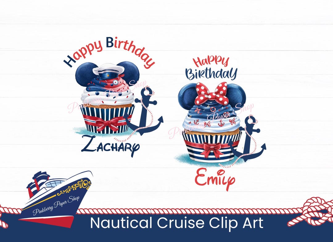 Nautical Mickey & Minnie Cupcake Clip Art, DIY Door Magnet Templates ...