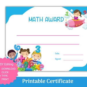 Preschool and Kindergarten Math Award | Printable and Editable ...
