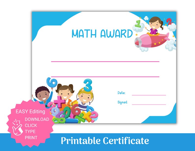 Preschool and Kindergarten Math Award Printable and Editable - Etsy