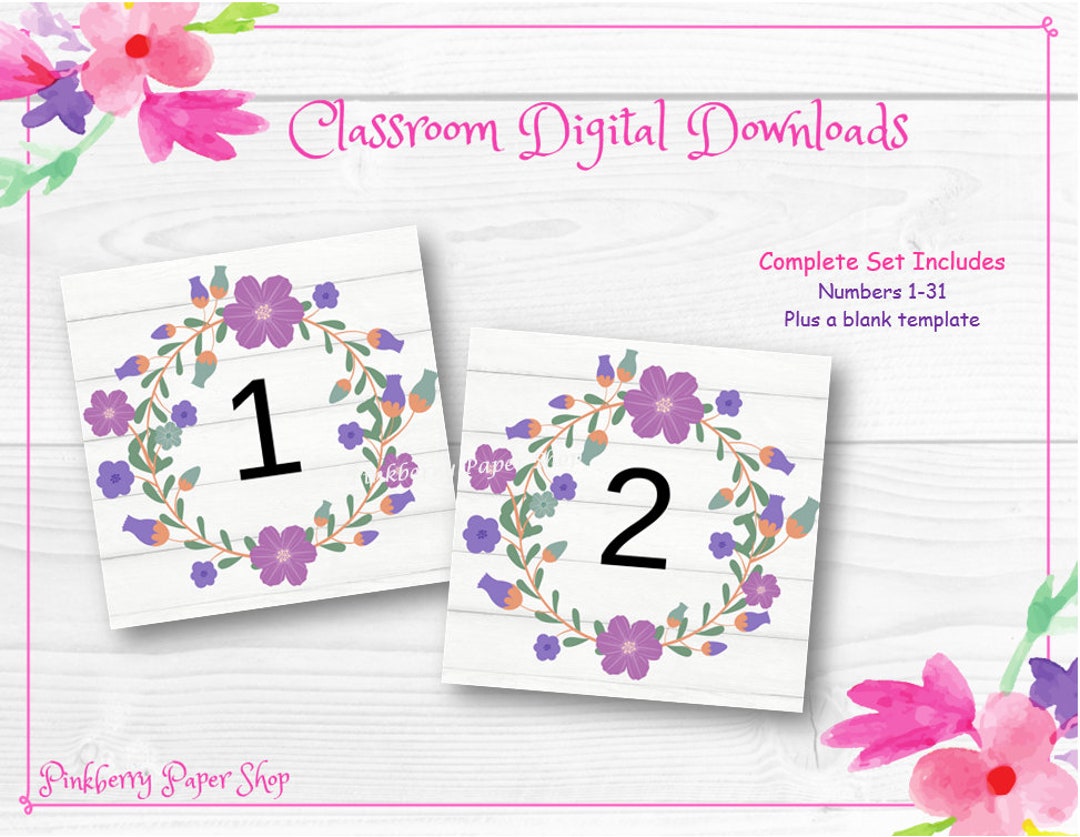 Floral Calendar Number Set 1-31: Cottage Chic Classroom Decor (instant ...