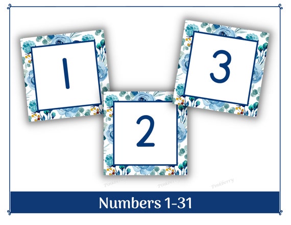 Blue Floral Numbers Classroom Calendar Numbers Printable & - Etsy