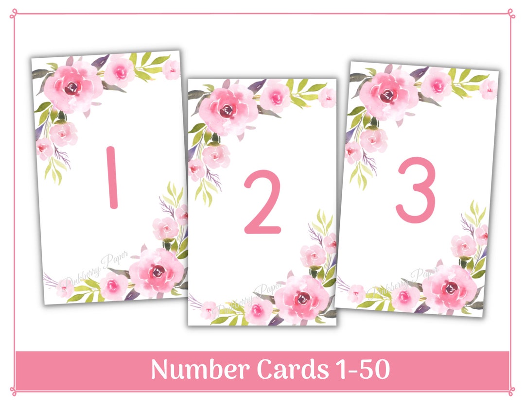 Number Cards 1-50 Pink Floral Numbers Live Event Number Cards Live ...