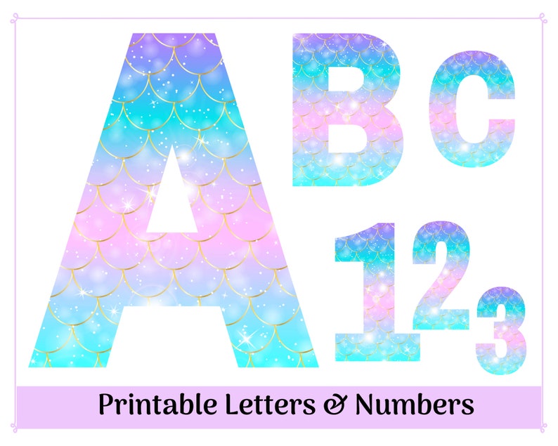 Pastel Mermaid Alphabet Letters & Numbers With Gold Glitter Scales ...