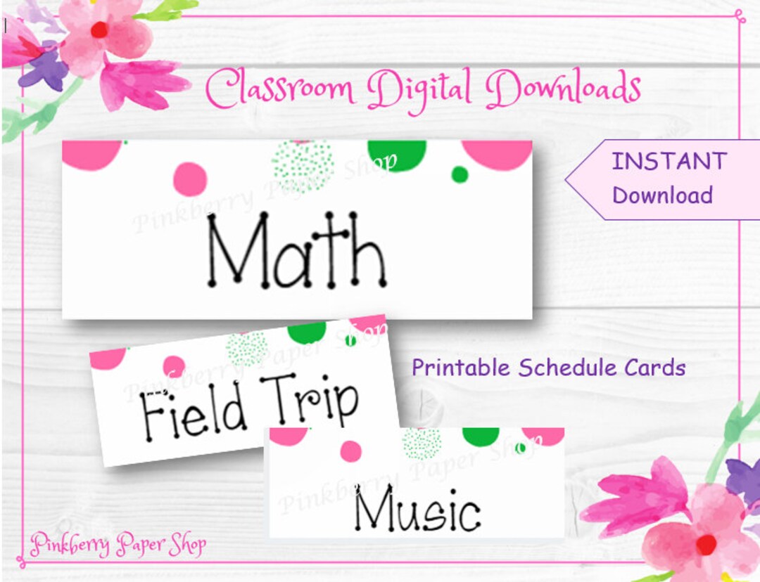 Classroom Schedule Cards Printable Instant Download Pink and Green Dots ...