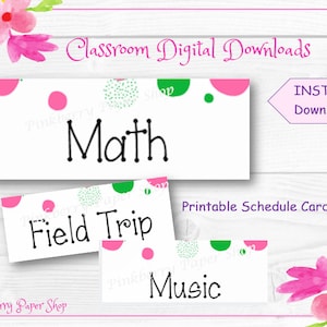 Classroom Schedule Cards Printable Instant Download Pink and Green Dots ...