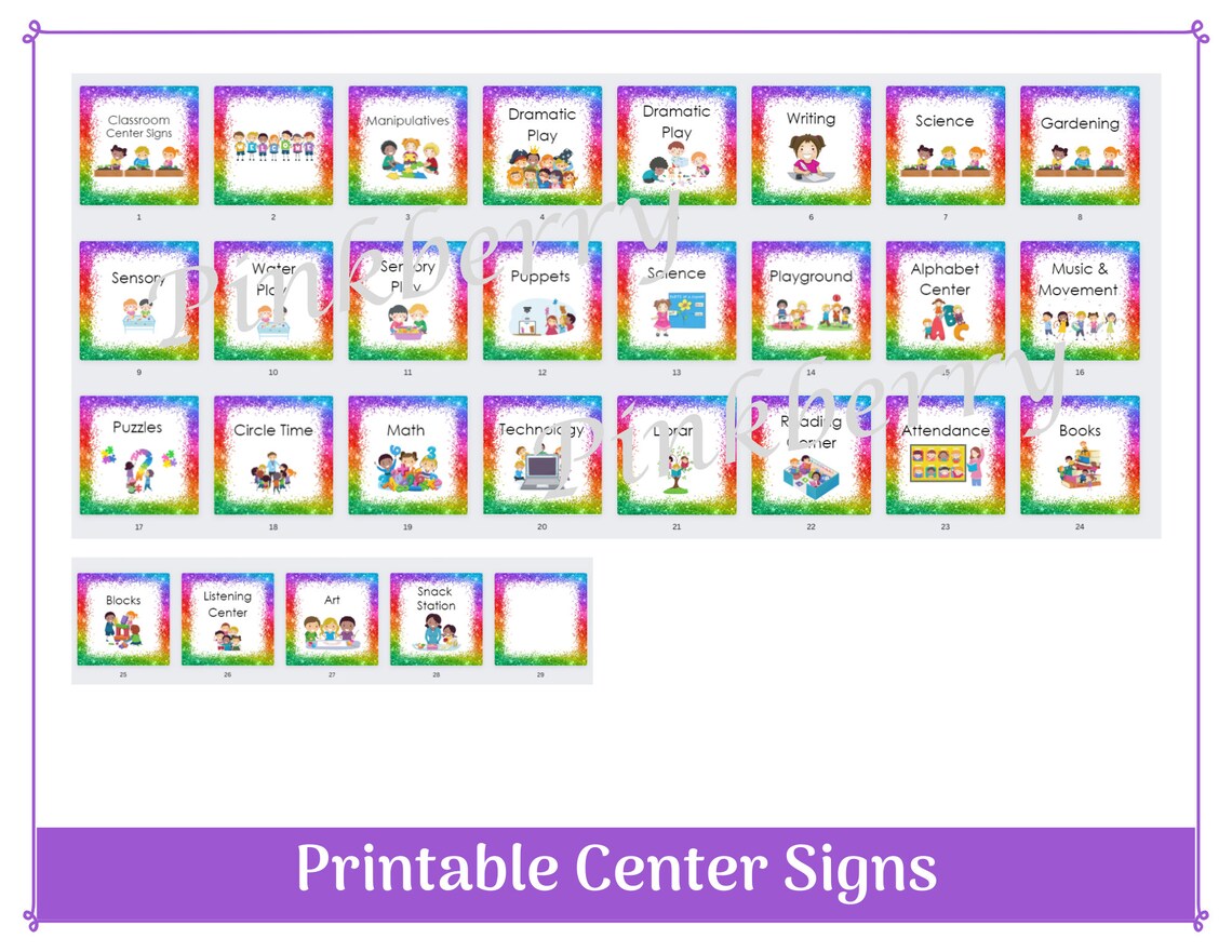 Rainbow Glitter Classroom Center Signs: Printable Template (digital ...