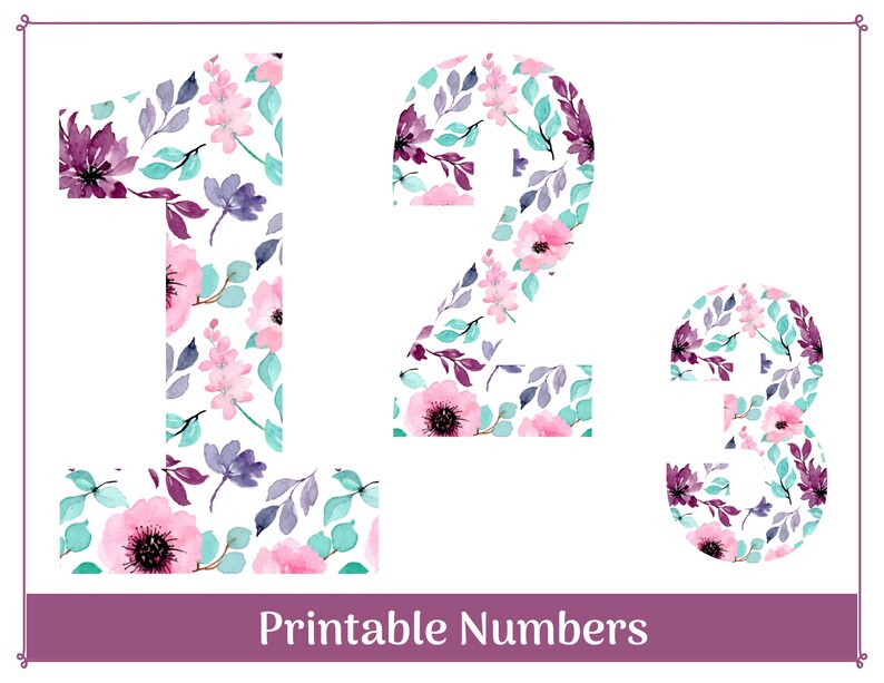 Purple Floral Alphabet Letters A-Z, Numbers 0-9 | Bulletin Board ...