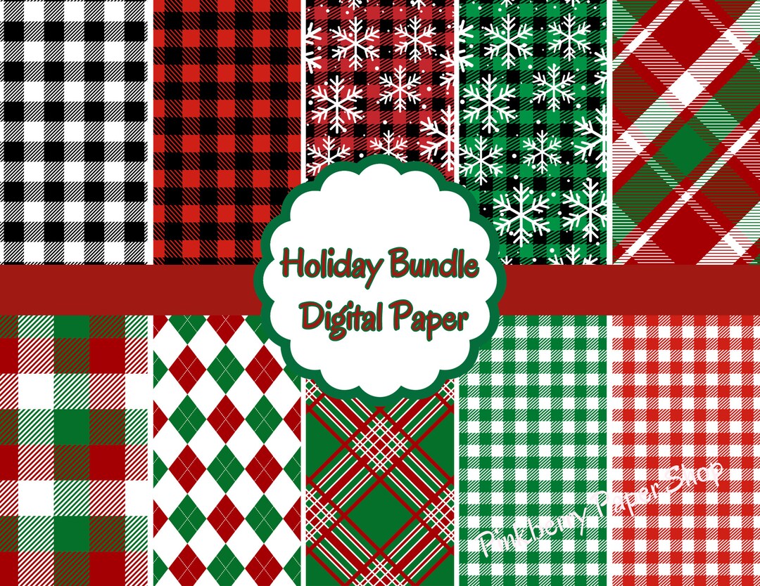 Holiday Plaid Digital Paper | Christmas Holly Snowflake Paper ...
