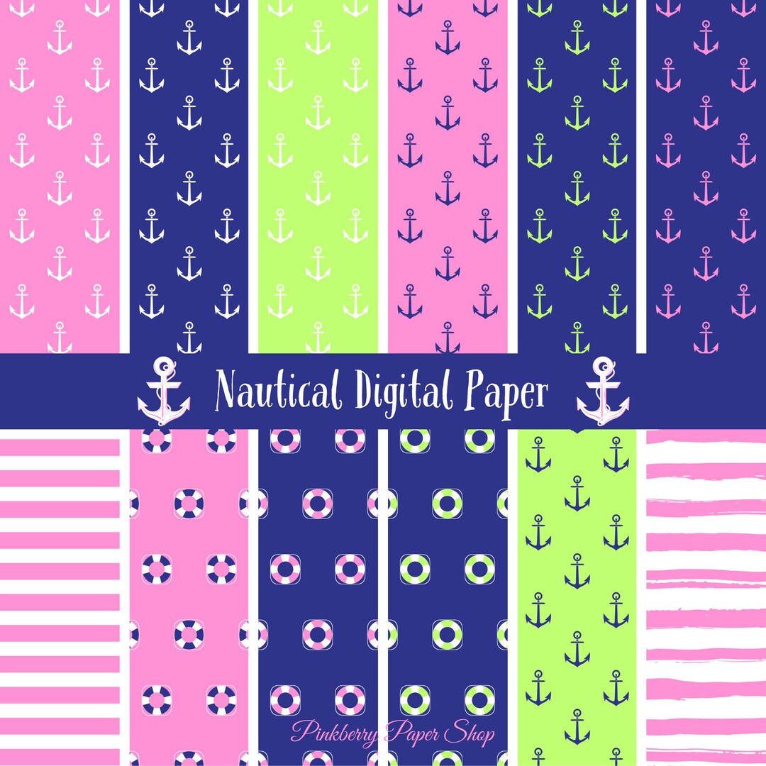 Nautical Digital Paper Pack: Pink, Navy, Lime PNG Designs (8x8 Template ...