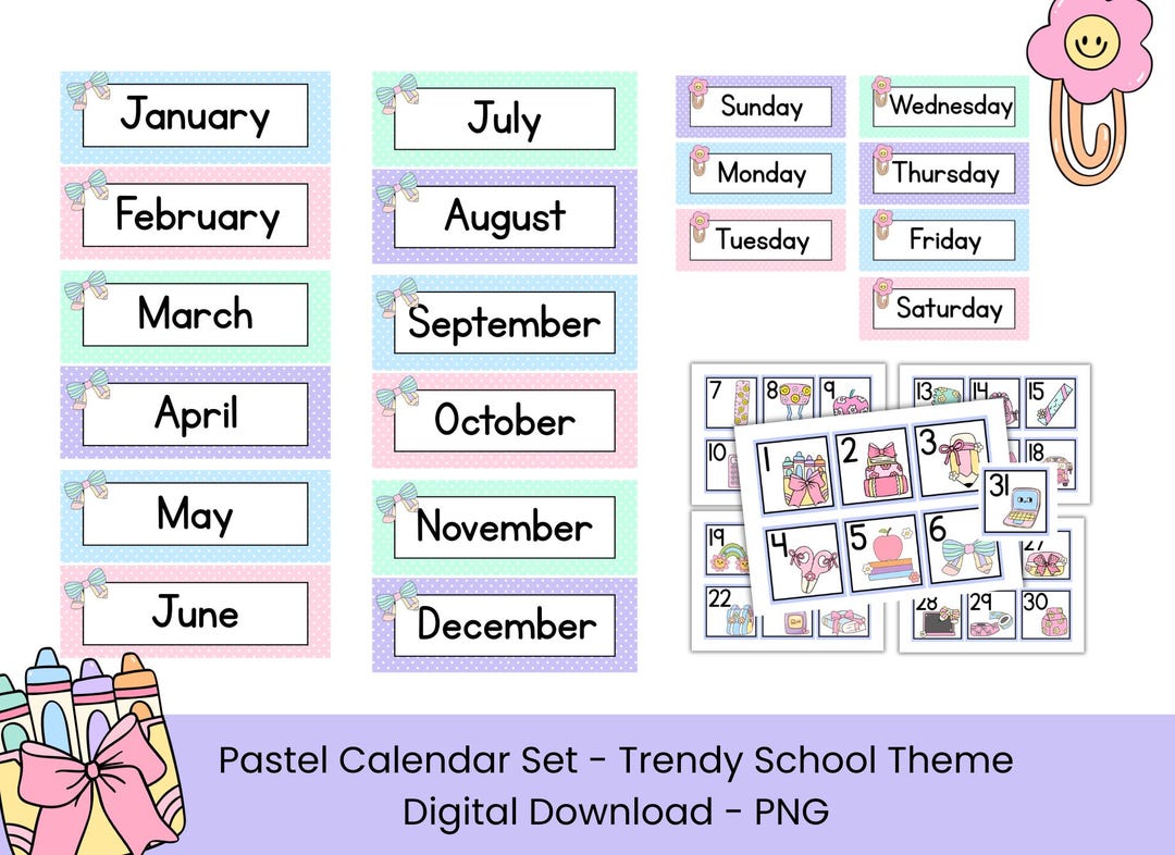 Pastel Preppy Classroom Calendar Set | Months, Days, Numbers (digital ...