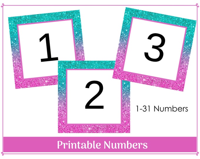 Purple Teal Glitter Classroom Calendar Numbers: Printable Activity ...