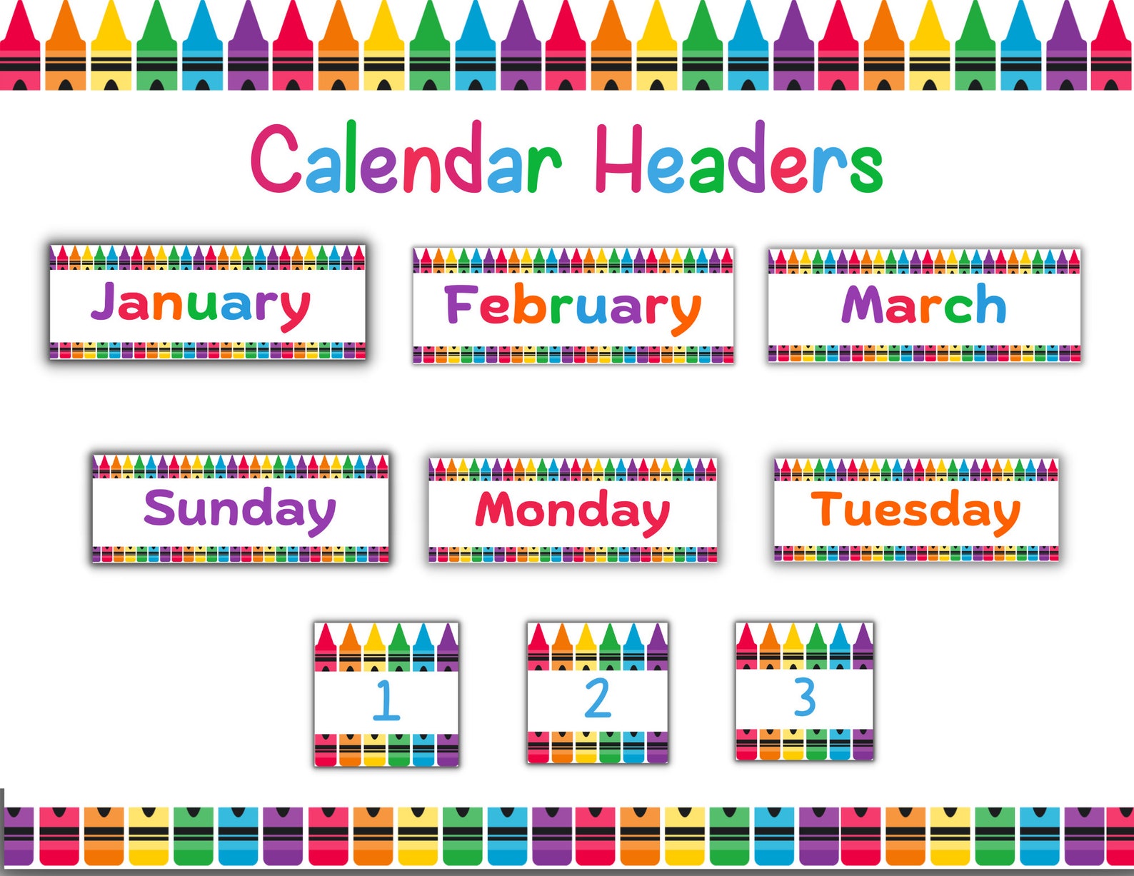 Rainbow Crayon Calendar Set: Months, Days, Numbers (printable Digital ...