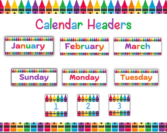 Rainbow Crayon Calendar Set: Months, Days, Numbers (printable Digital ...