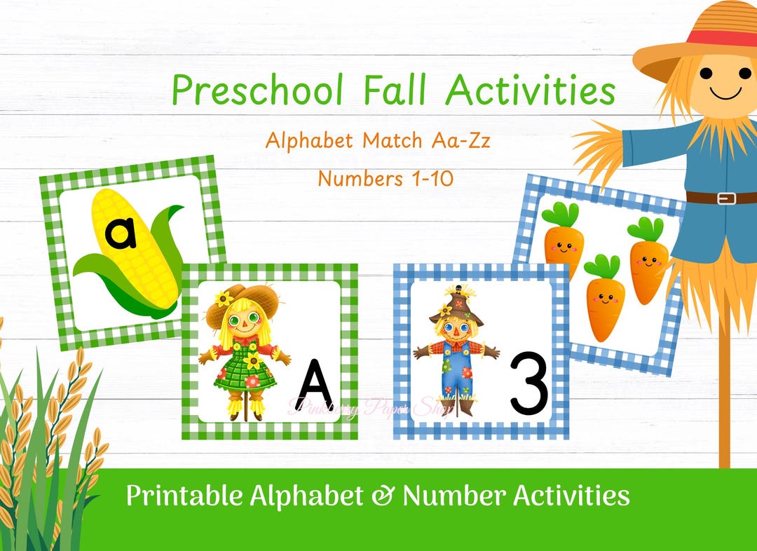 Fall Alphabet and Number Matching Game: Scarecrow Preschool Activity ...