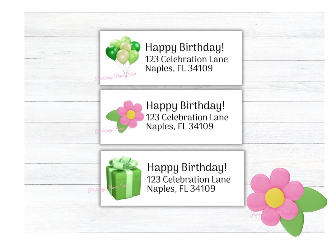 Green Birthday Address Labels: Balloon, Gift, Flower (digital Download ...