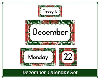 December Plaid Classroom Calendar Set: Printable Headers & Numbers ...