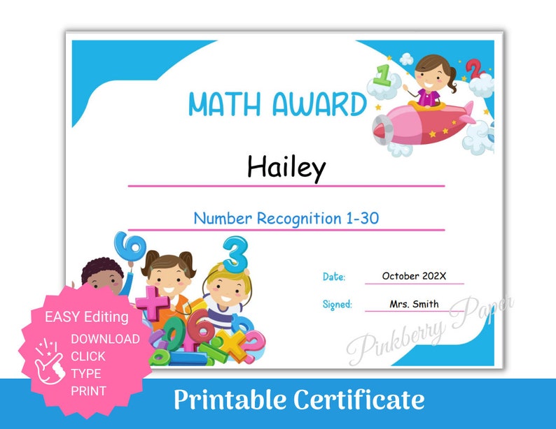 Preschool and Kindergarten Math Award Printable and Editable - Etsy
