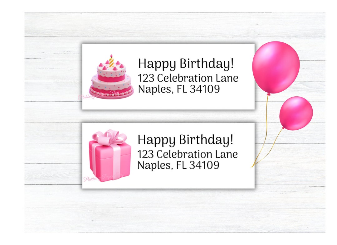 Pink Birthday Address Label Template: Cake & Gift Design (digital ...
