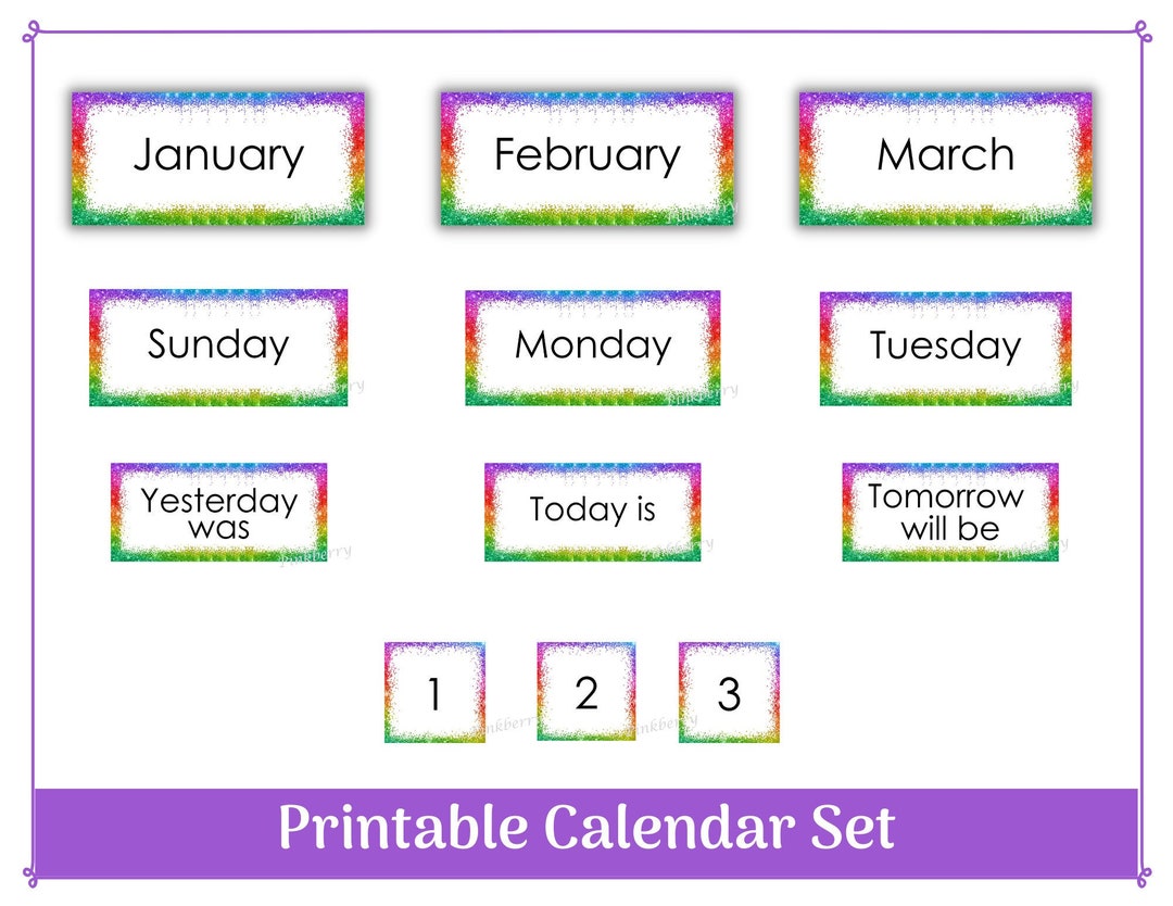 Rainbow Glitter Monthly Calendar Headers and Numbers | Instant Digital ...
