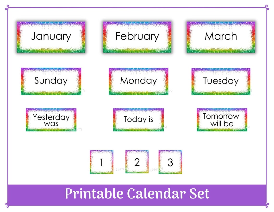 Rainbow Glitter Monthly Calendar Headers and Numbers | Instant Digital ...