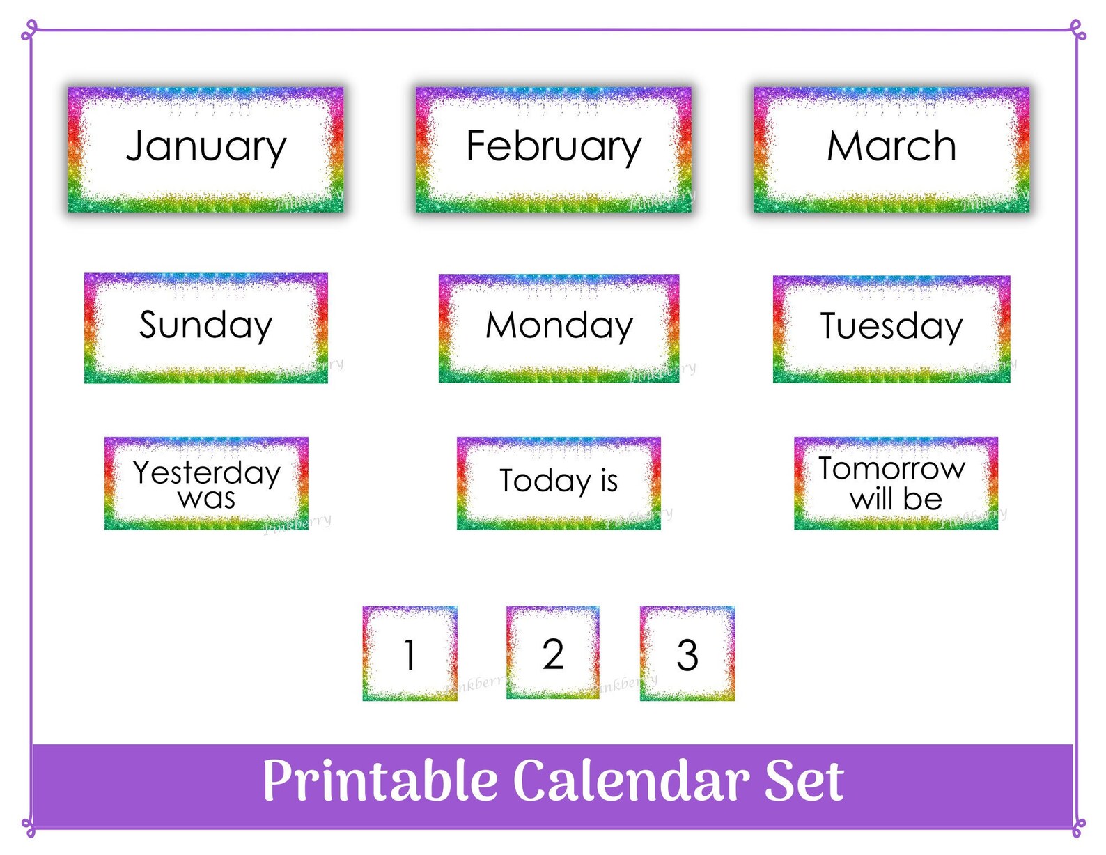 Rainbow Glitter Monthly Calendar Headers and Numbers | Instant Digital ...
