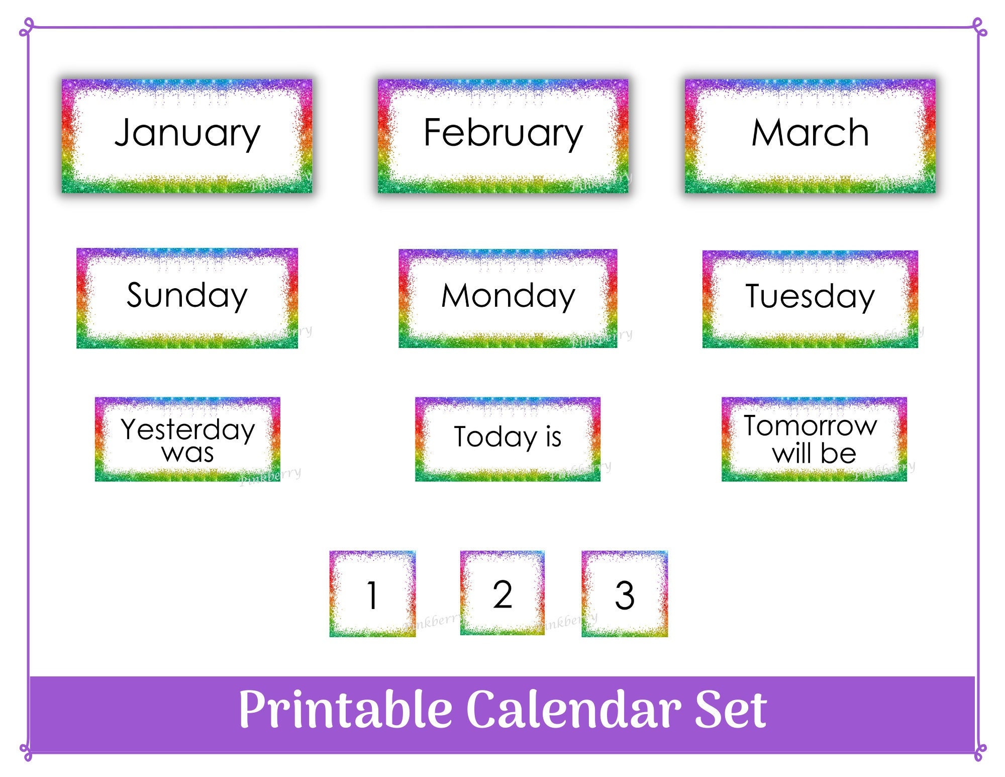 Rainbow Glitter Monthly Calendar Headers and Numbers | Instant Digital ...