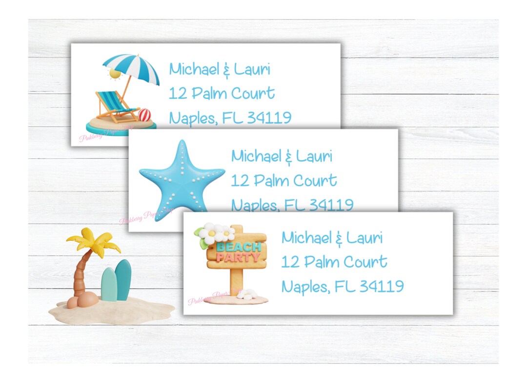 Summer Beach Address Label Templates: Starfish, Umbrella (digital ...