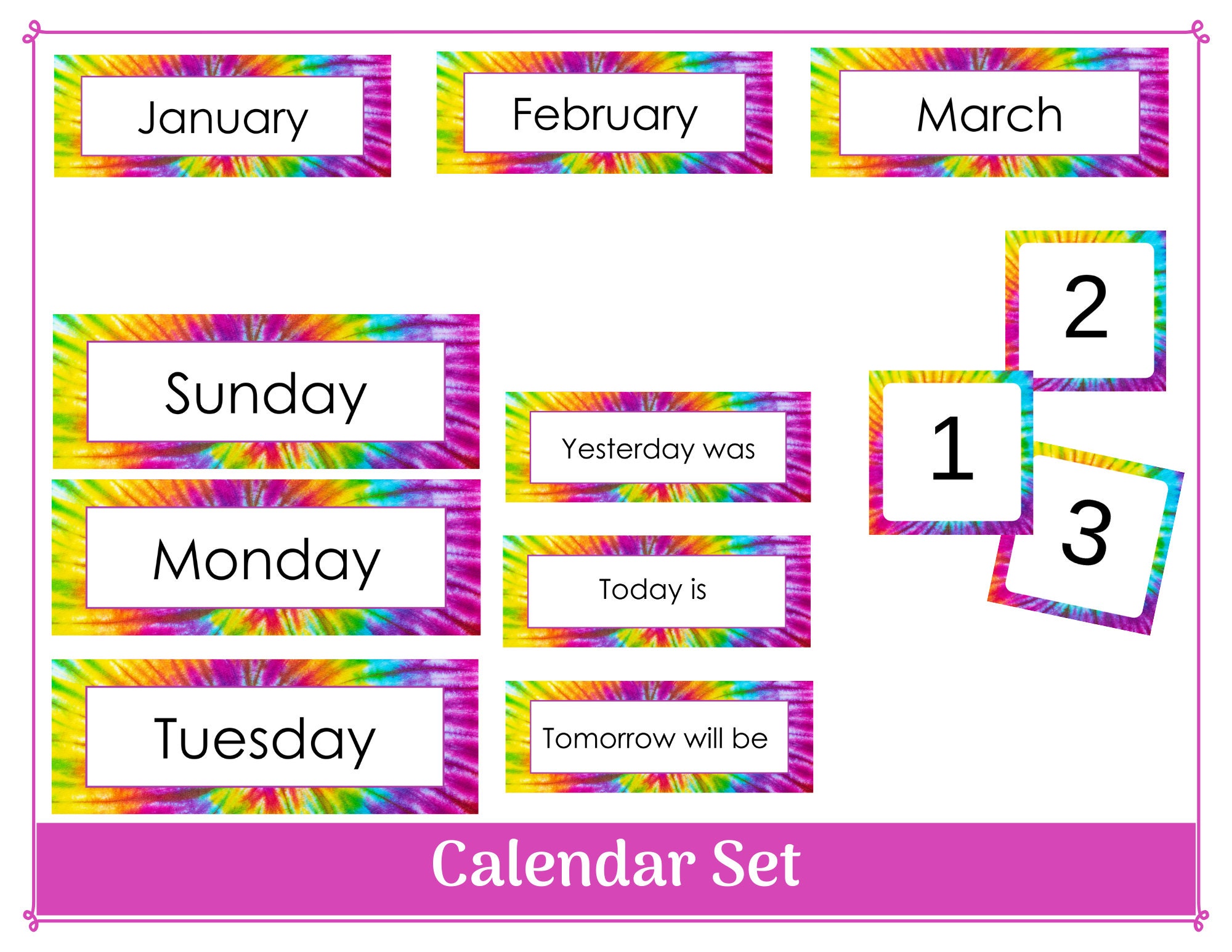 Tie Dye Classroom Calendar Set | Printable Classroom Headers-days of ...