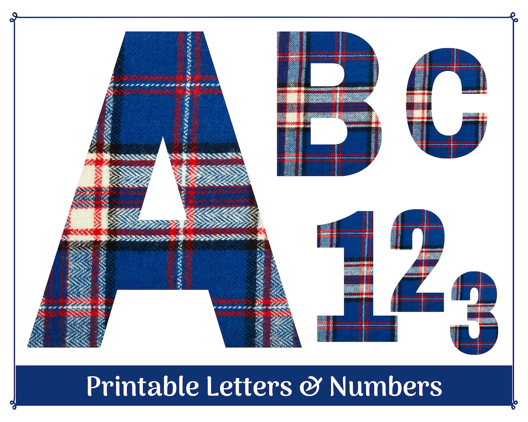 Blue Plaid Flannel Alphabet Letters & Numbers | Uppercase A-Z and ...