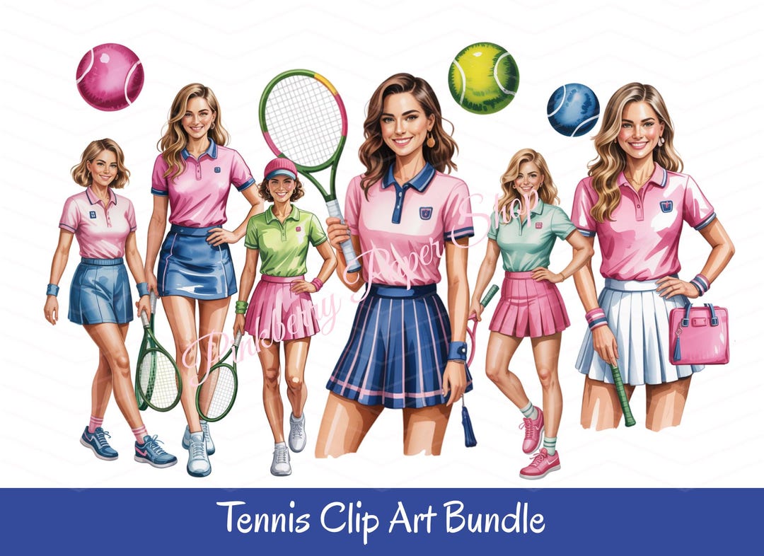 Preppy Tennis Girl Clipart Bundle, Pink & Blue Graphics (PNG Digital ...