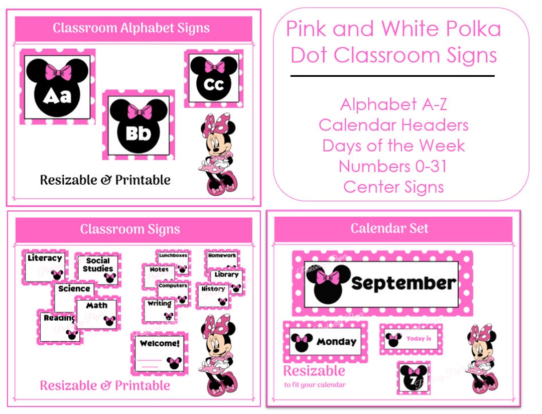 Minnie Mouse Inspired Classroom Decor Set: Polka Dot Calendar, Alphabet ...