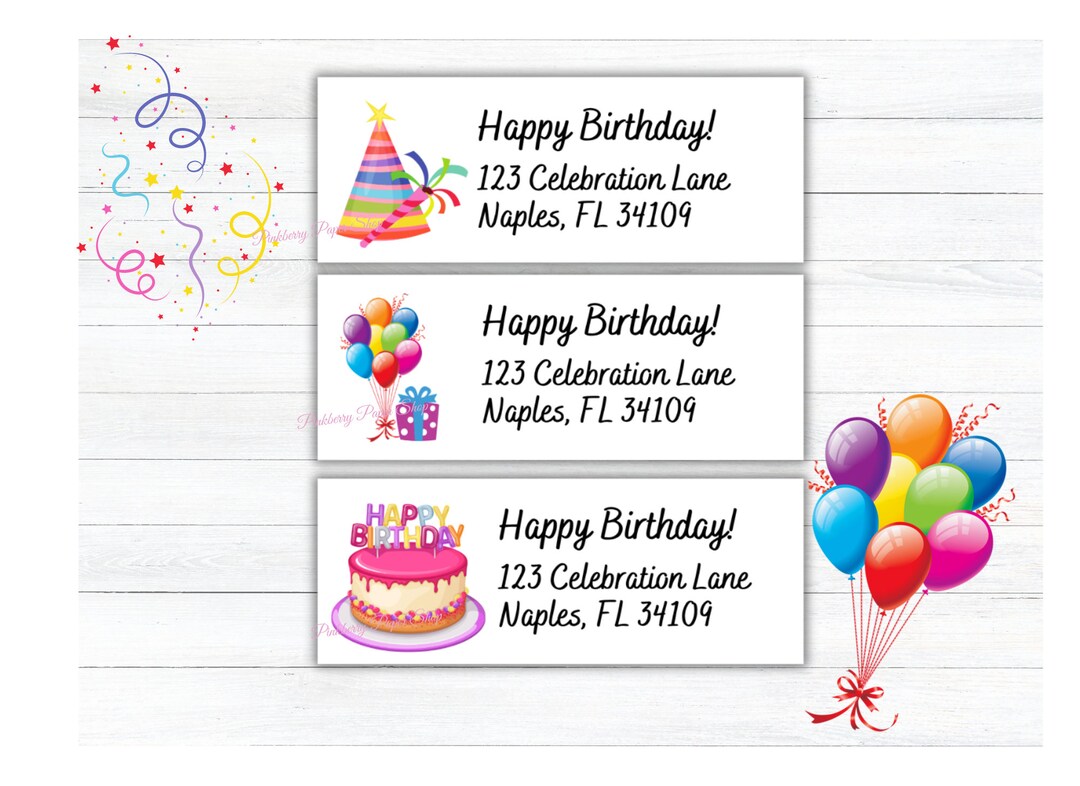 Birthday Address Label Template: Party Hat, Cake, Balloons (digital ...